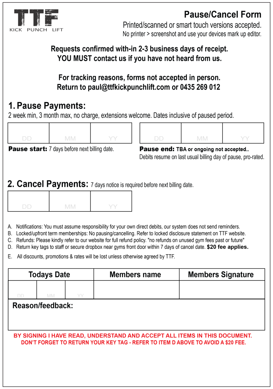 Pause/cancel - TTF Kick Punch Lift